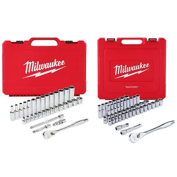 Milwaukee 3/8 in. Drive Metric Ratchet/Socket Mechanics Tool Set with 1/2 in. Drive SAE/Metric ...