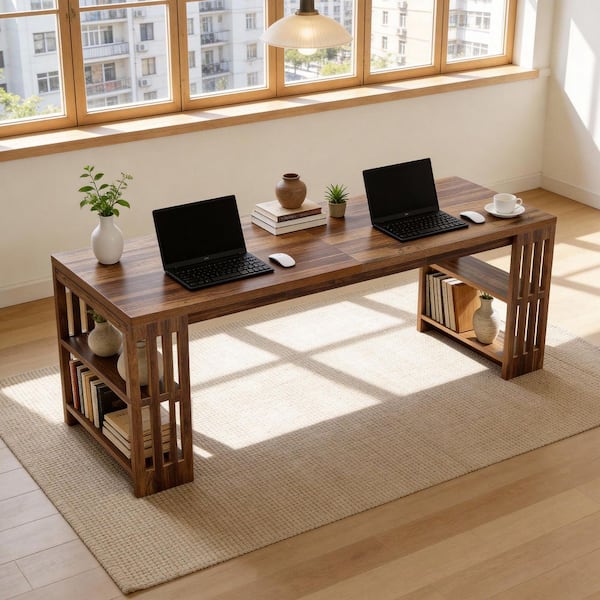 BYBLIGHT Lanita 79 in. Rectangle Rustic Brown Wood Computer Desk with ...