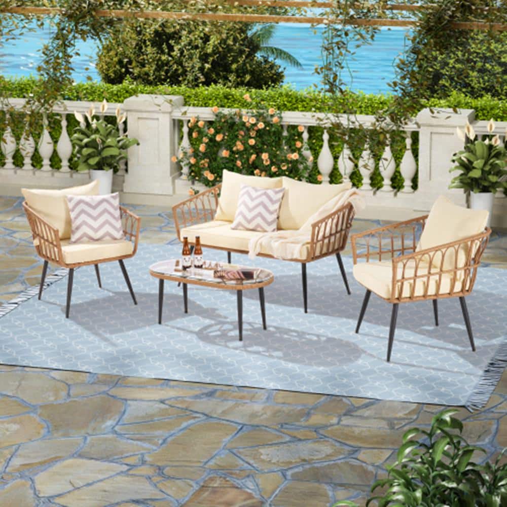 TIRAMISUBEST Outdoor 4-Piece Wicker Patio Conversation Set with Beige ...