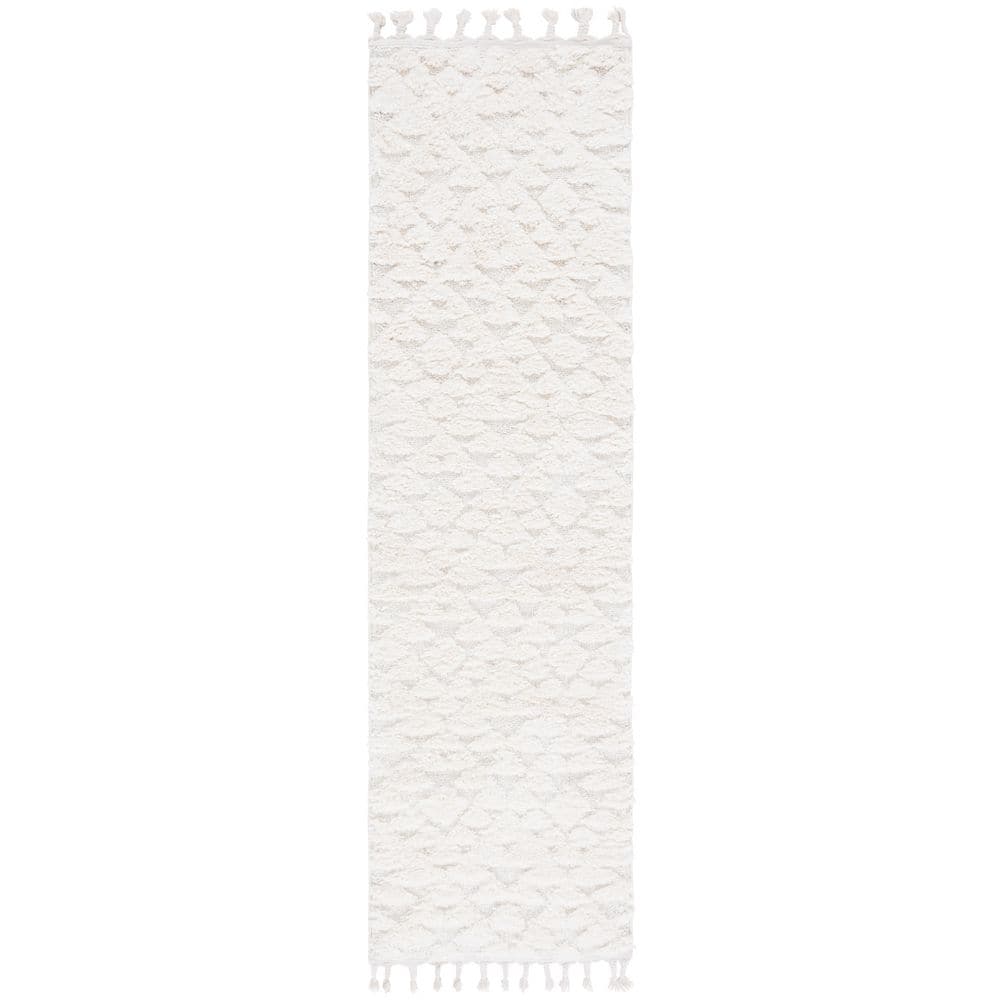 SAFAVIEH Moroccan Tassel Shag Ivory 2 ft. x 8 ft. High-Low Geometric ...