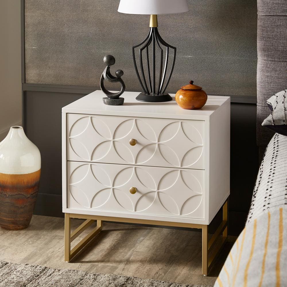 2 Drawer White Arched Diamond Gold Metal Nightstand 24.49 in. H x 23.5 in. W x 17.76 in. D
