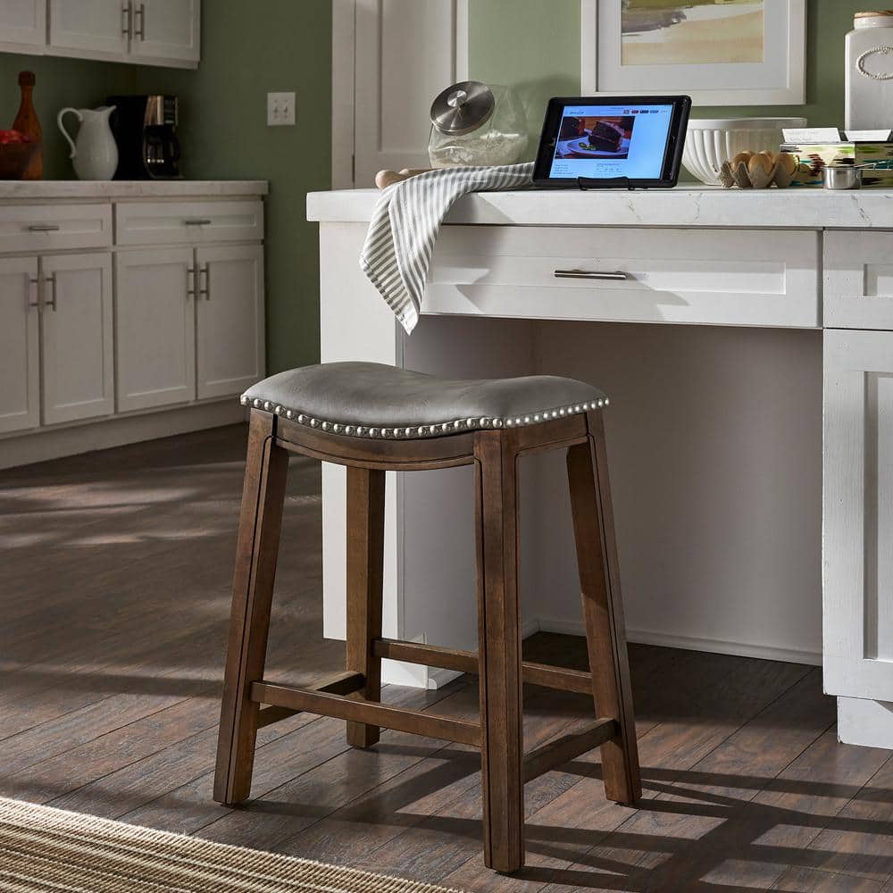 HomeSullivan 25.75 in. Grey Faux Leather Saddle Seat Backless Wood ...