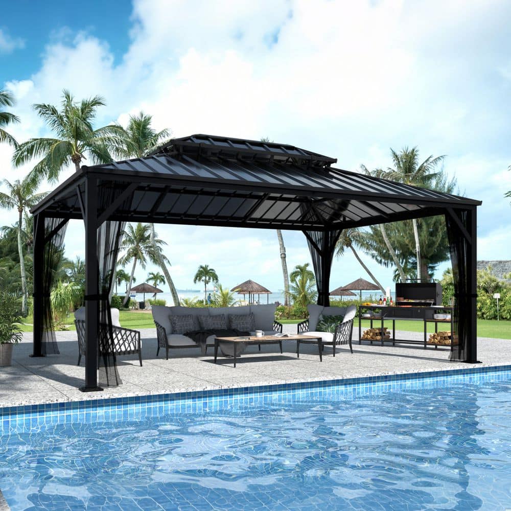 VEIKOUS 16 ft. W x 12 ft. D Double Hardtop Gazebo with Pre-Painted ...