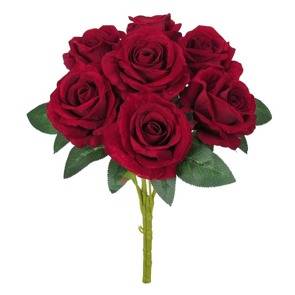 LIVING LUXURY 16 in. Red Artificial Velvet Rose Flower Stem Bush ...