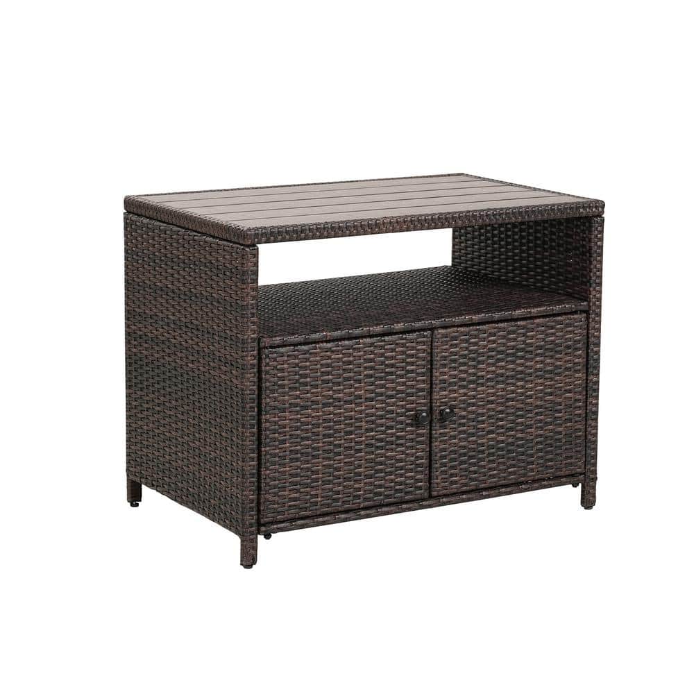 Cesicia Brown Wicker Outdoor Side Table with 2 Doors and Open Shelf ECR ...