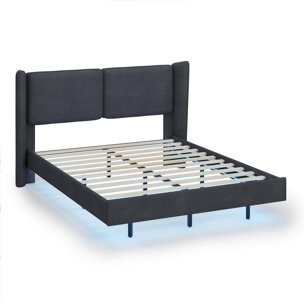 Qualler Gray Wood Frame Full Size Platform Bed with LED Light and ...