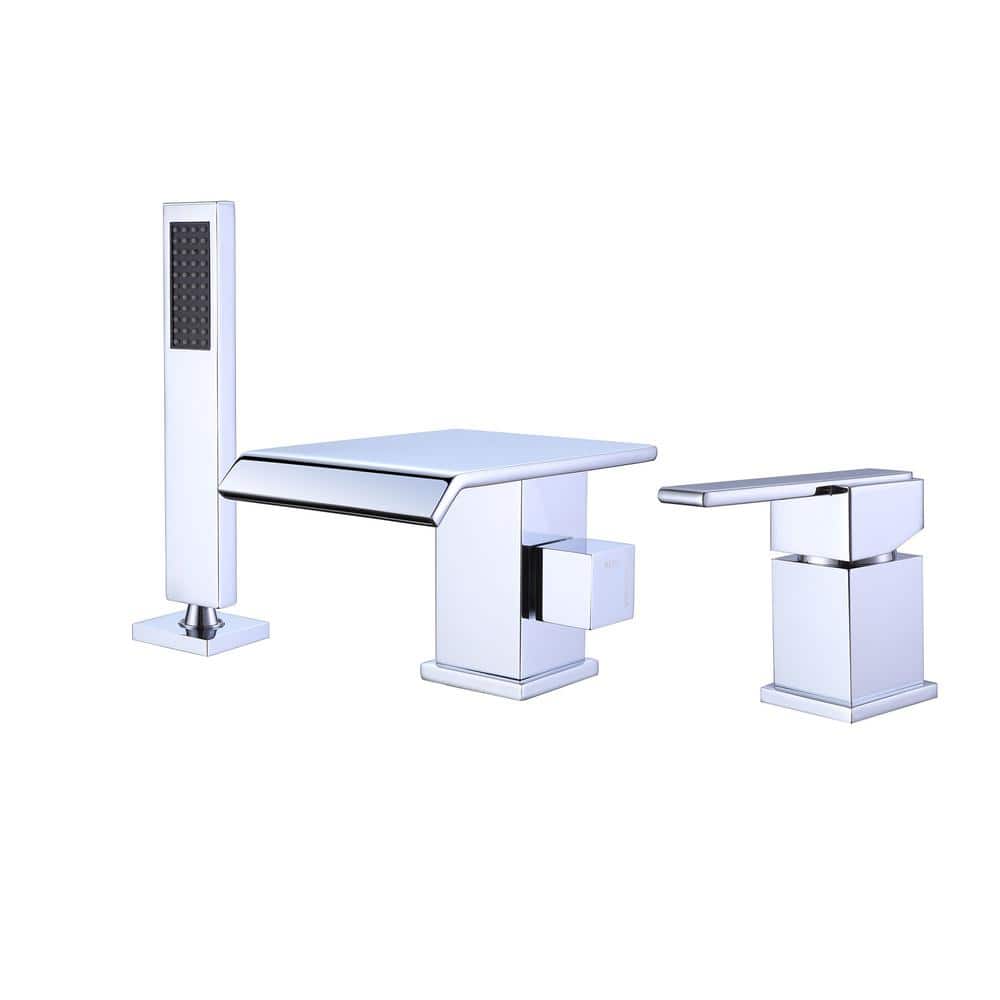 AIMADI Waterfall Single-Handle Deck-Mount Roman Tub Faucet with Hand Shower 3 Hole Brass Bathtub ...