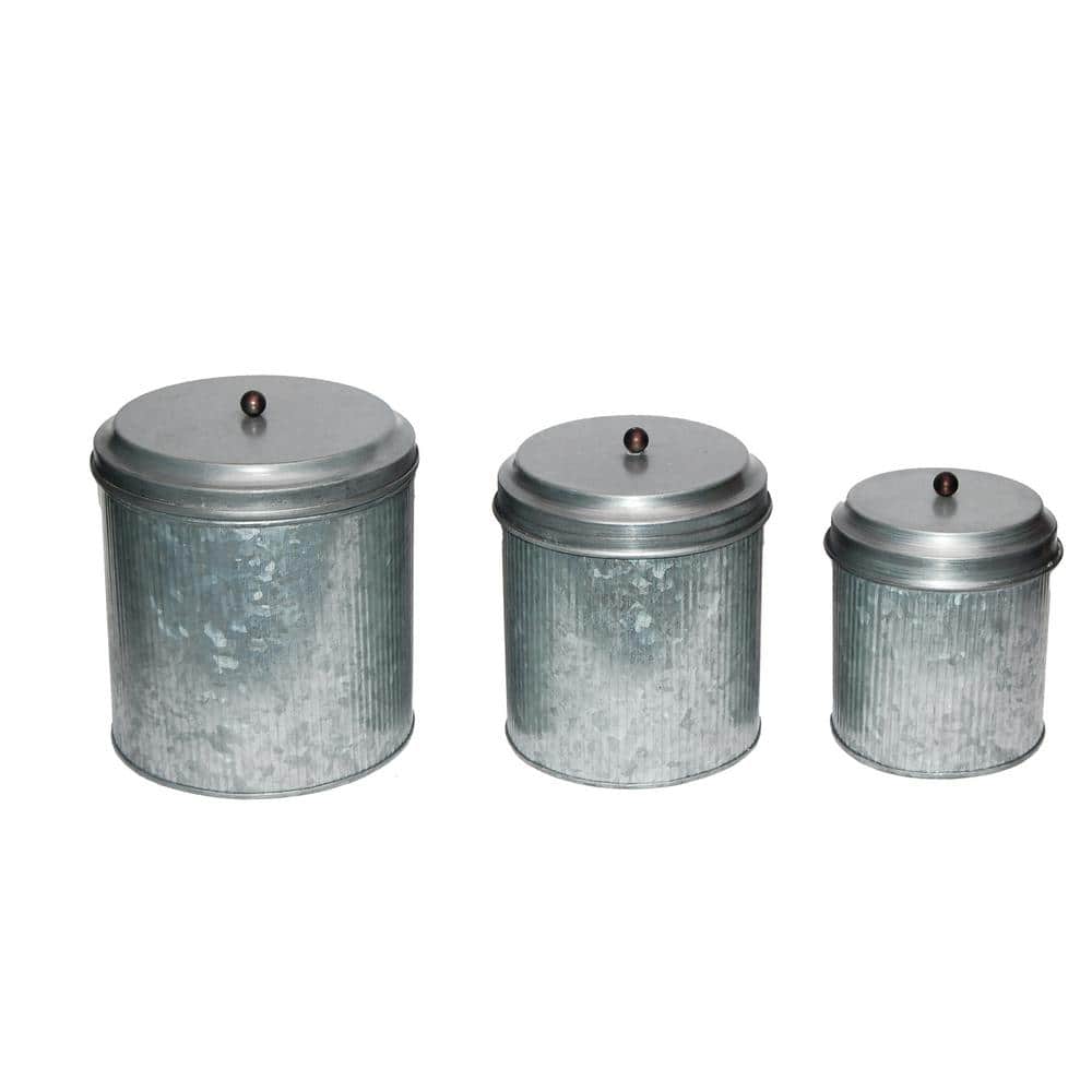 Benzara 3- Piece Galvanized Metal Lidded Gray Canister with Ribbed ...