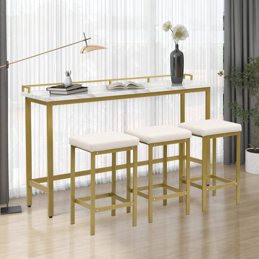 Qualler 4-Piece Wood Top Faux Marble White Bar Table Set with Gold ...