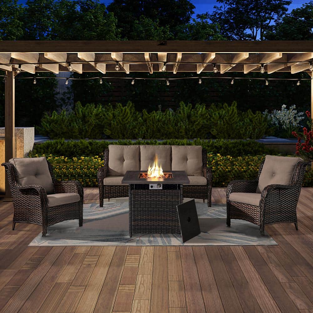 Opohoro ArcoBay 4-Piece Brown Wicker Patio Square Fire Pit Conversation ...