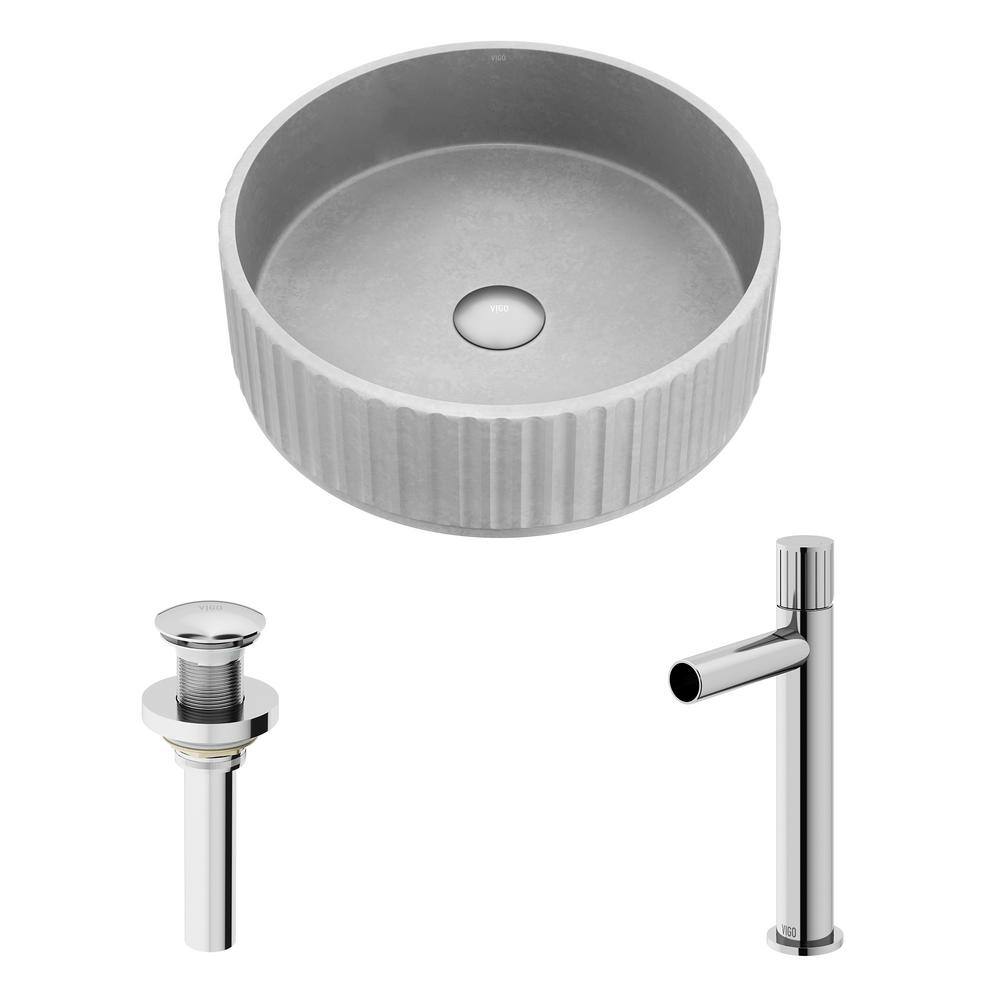 VIGO Windsor Gray Concreto Stone Round Fluted Bathroom Vessel Sink with ...