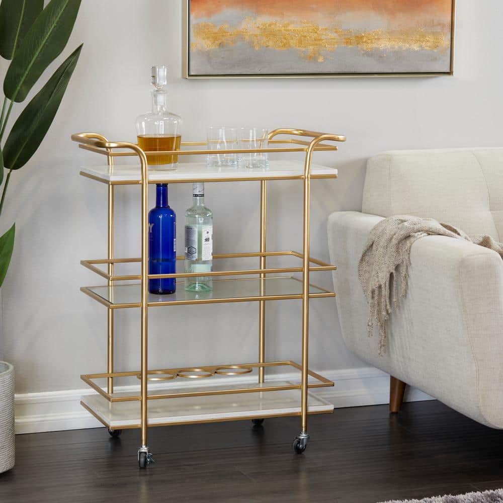 Litton Lane 33 in. Gold Marble Glam Bar Cart 042558 - The Home Depot