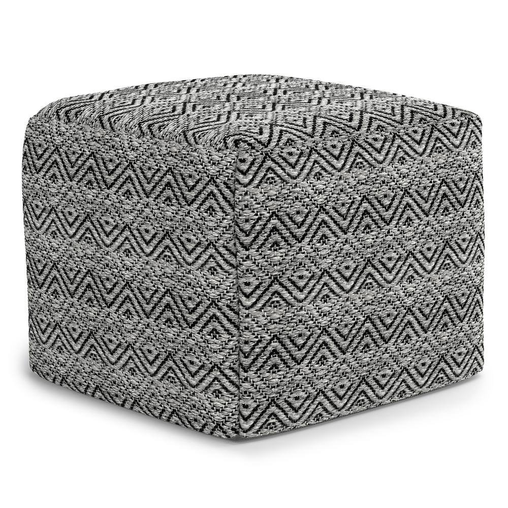 Simpli Home Hendrik Boho Square Woven Outdoor/ Indoor Pouf in Grey/Black Recycled PET Polyester ...