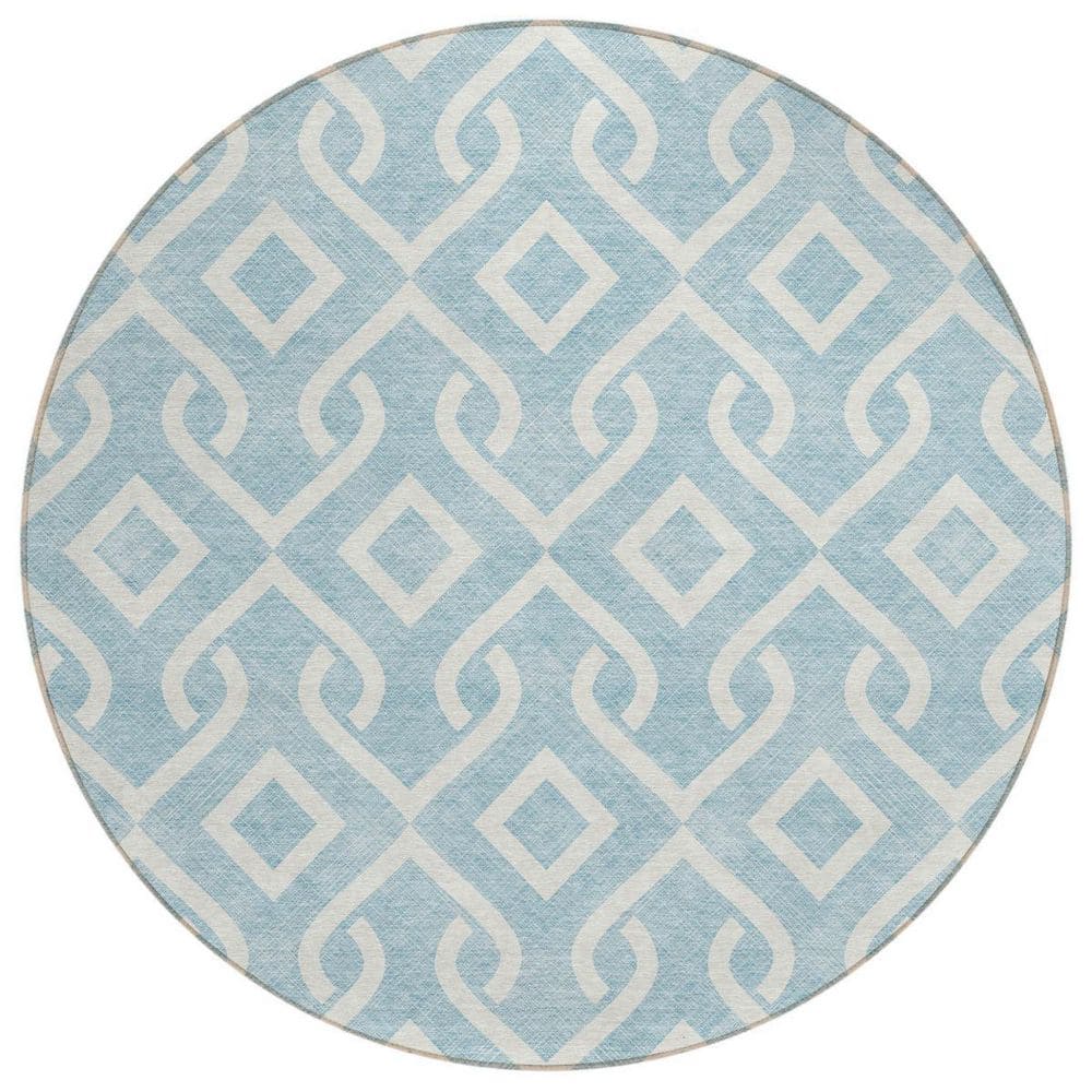 HomeRoots Sky Blue, Ivory 8 ft. Round Woven Geometric Polyester Round ...