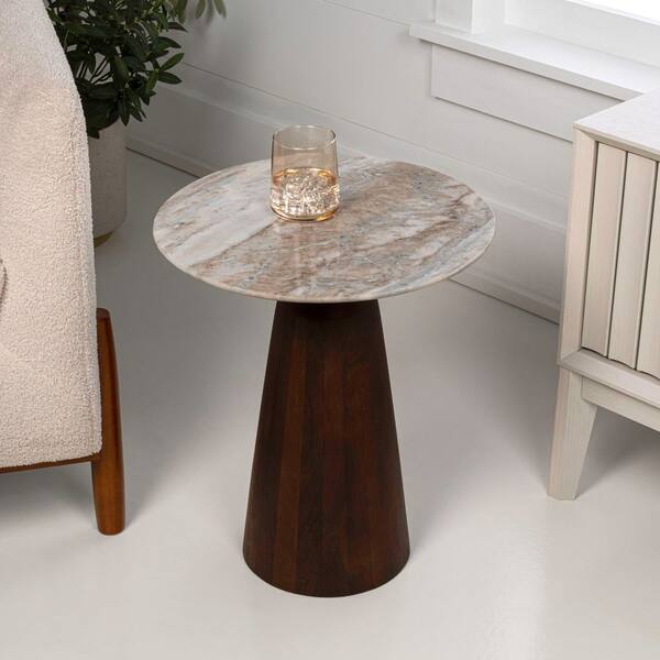 JONATHAN Y Kaito 15.75 in. Rustic Minimalist Round Marble/Wood Accent ...