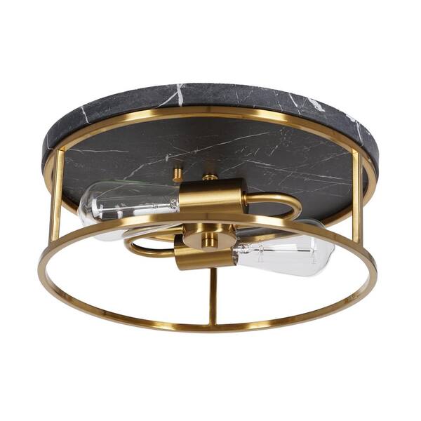 Alsy 13 in. 2-Light Antique Brass with Black Marbled Base Flush Mount ...