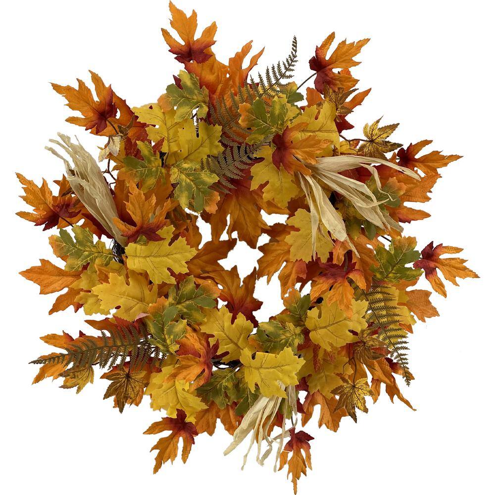 MERRILY 24 in. Fall Wreath with Maple, Oak Leaves and Corn Husks ...