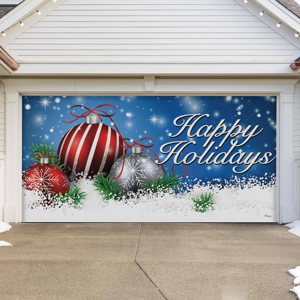 My Door Decor 7 ft. x 16 ft. Red and White Christmas Ornaments on Red ...