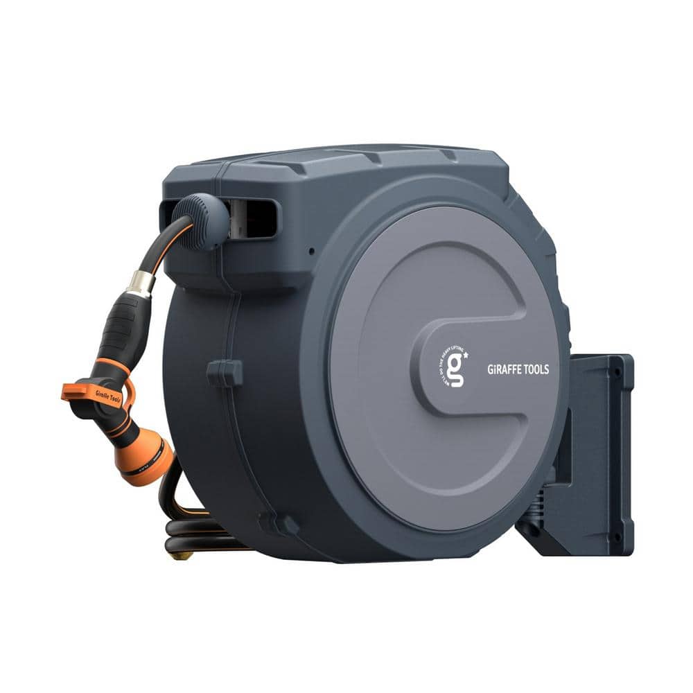 Giraffe Tools Garden Retractable Hose Reel-1/2 in.-78 ft. Wall Mounted, Dark Grey, Metal Bracket ...
