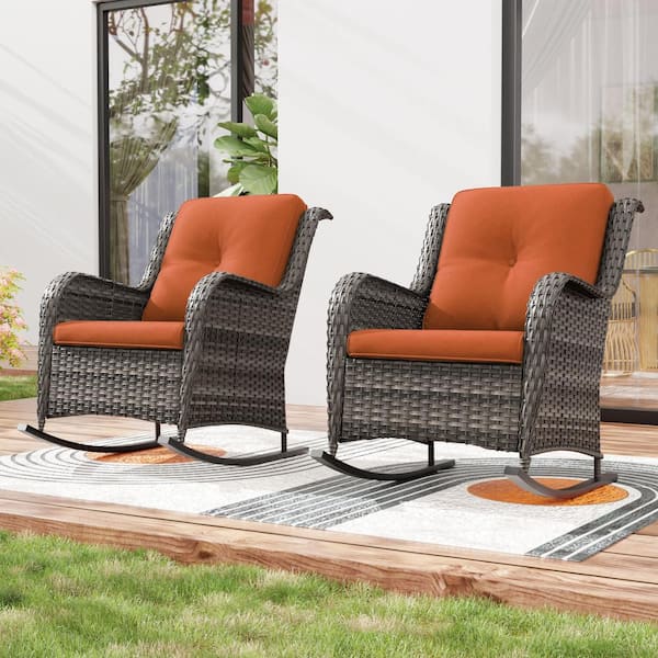 JOYSIDE Wicker Outdoor Rocking Chair Patio with Orange Cushion (2-Pack ...