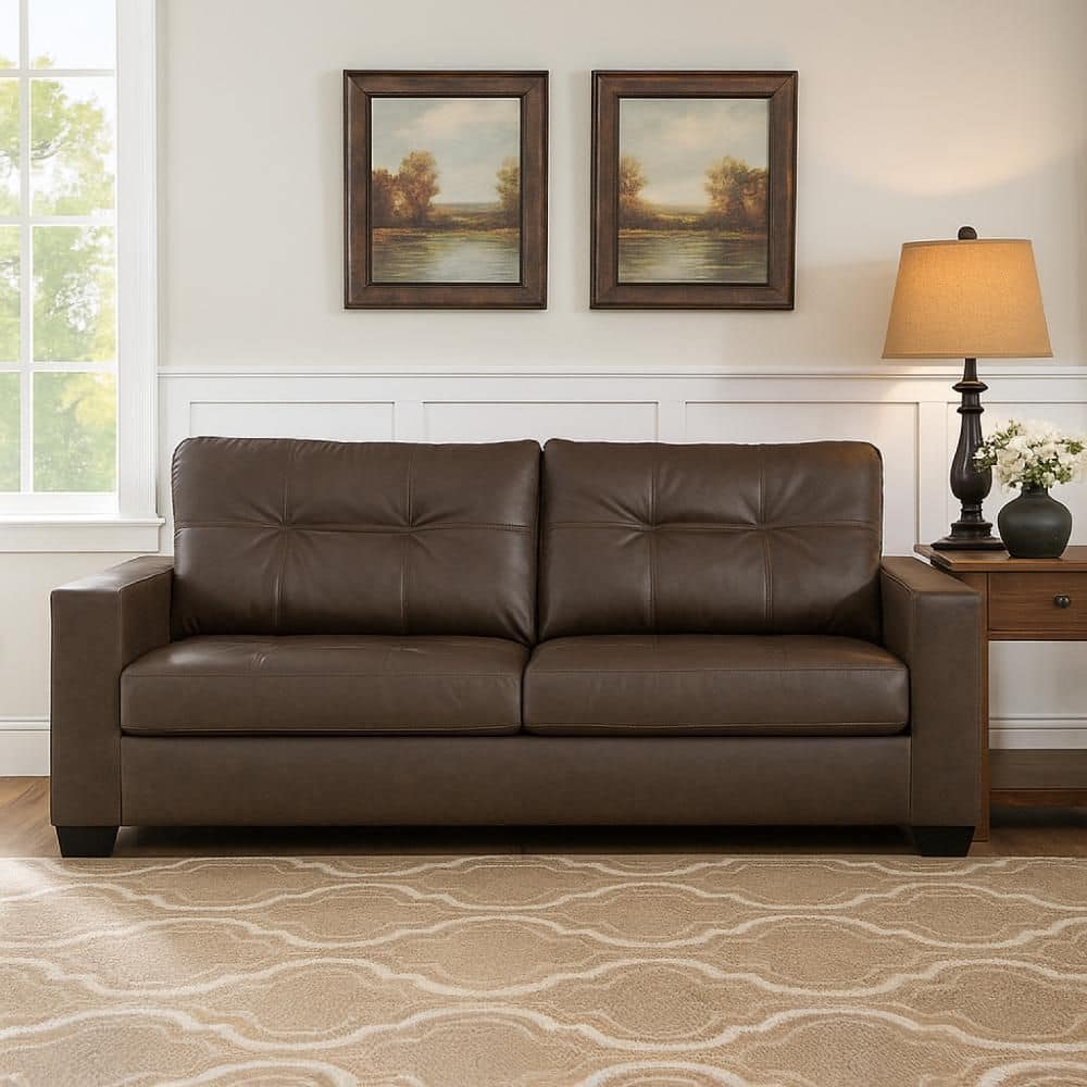 Benjara Barl 38 in. Straight Arm Faux Leather Rectangle Loose Back Sofa ...