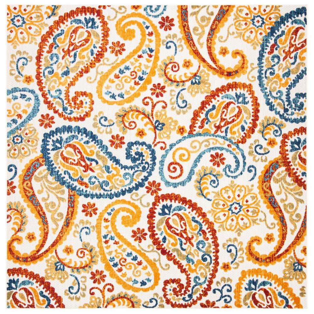 SAFAVIEH Cabana Cream/Navy 8 ft. x 8 ft. Paisley Floral Indoor/Outdoor ...