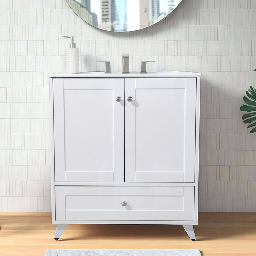 Comllen 30 in. W Freestanding Bath Vanity in White with White Ceramic ...