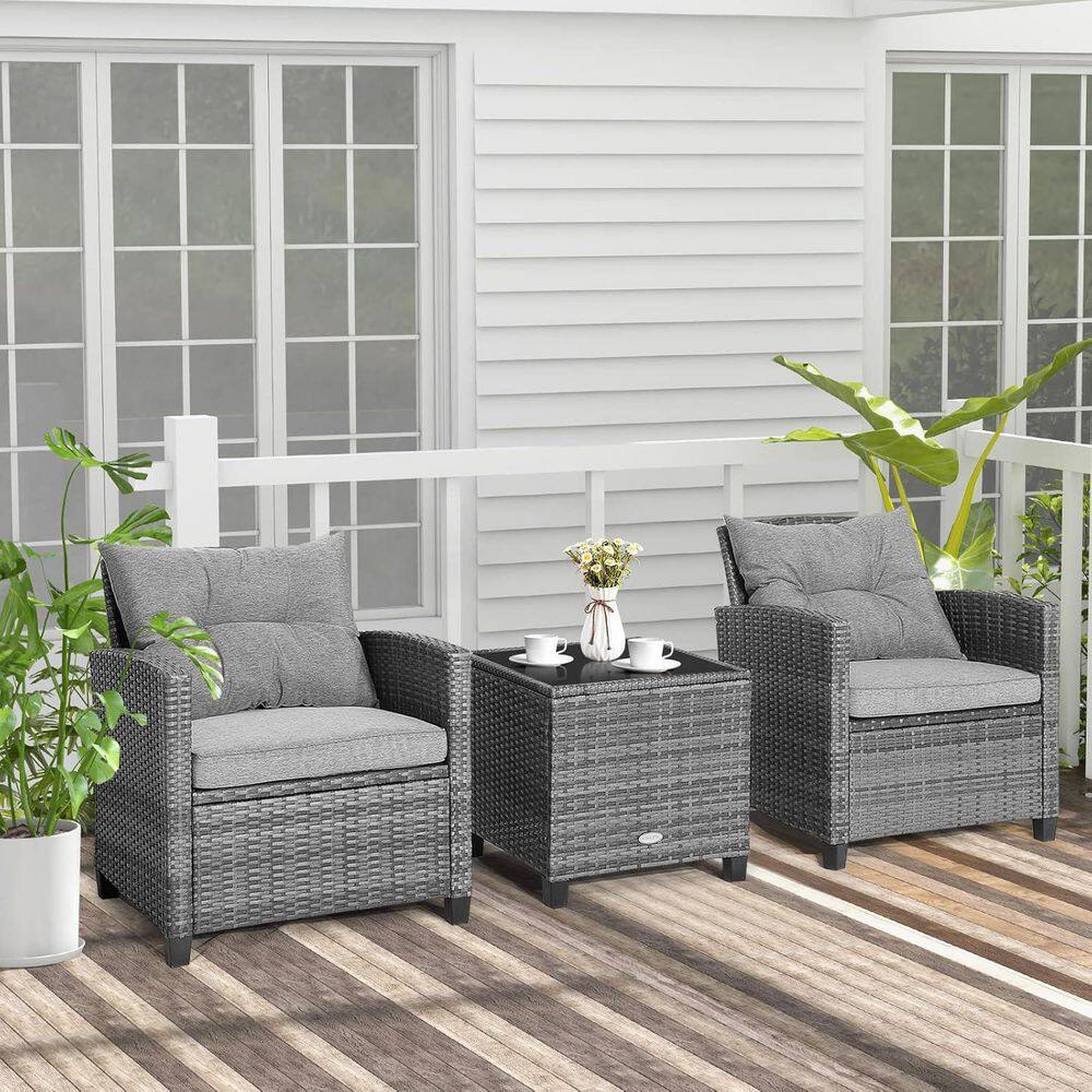 Grey 3-Piece Wicker Patio Conversation Set with Grey Cushions ...