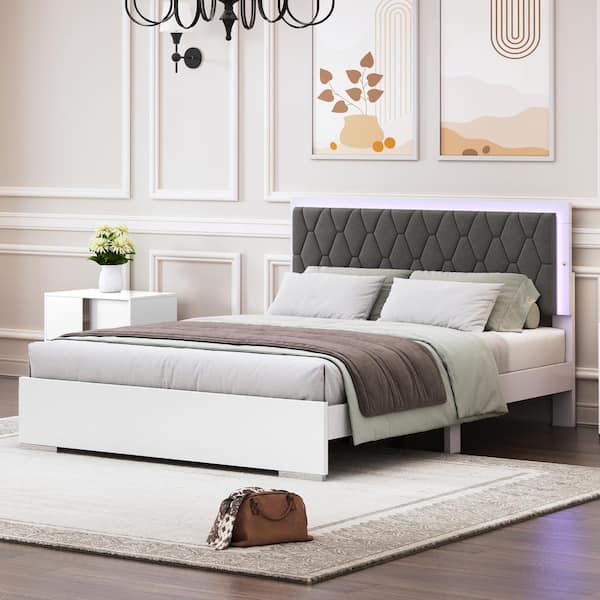 White Wood Frame Queen Size Platform Bed with Velvet Upholstered Headboard LED Light