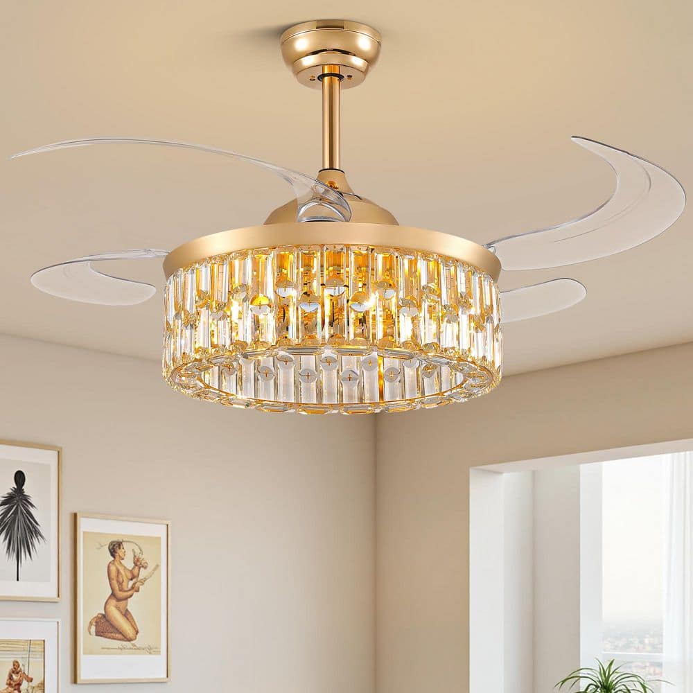 WDETR 48 in. Indoor Modern Gold Retractable Crystal Ceiling Fan with ...