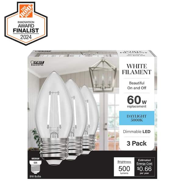 Feit Electric 60-Watt Equivalent B10 E26 Base Dim White Filament Clear Glass Chandelier LED ...