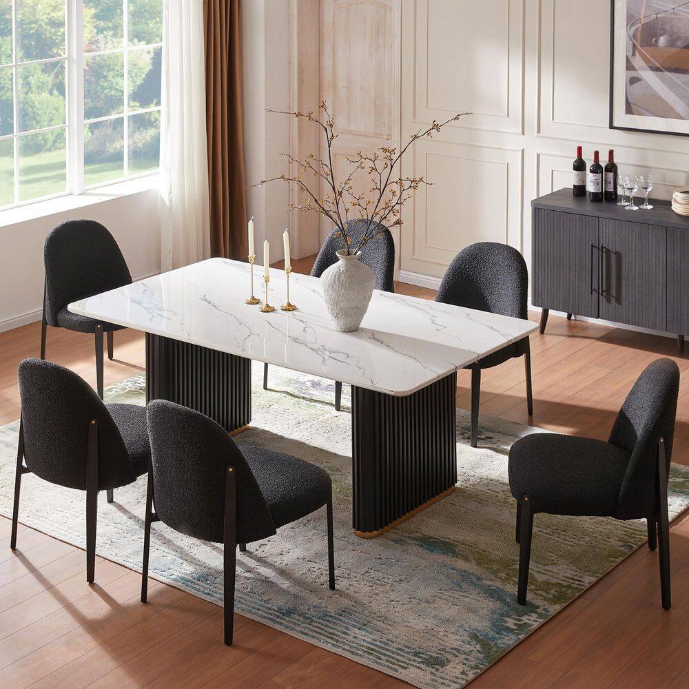 Morden Fort Glam 7-Piece Wood Rectangle Dining Table with Black Boucle ...