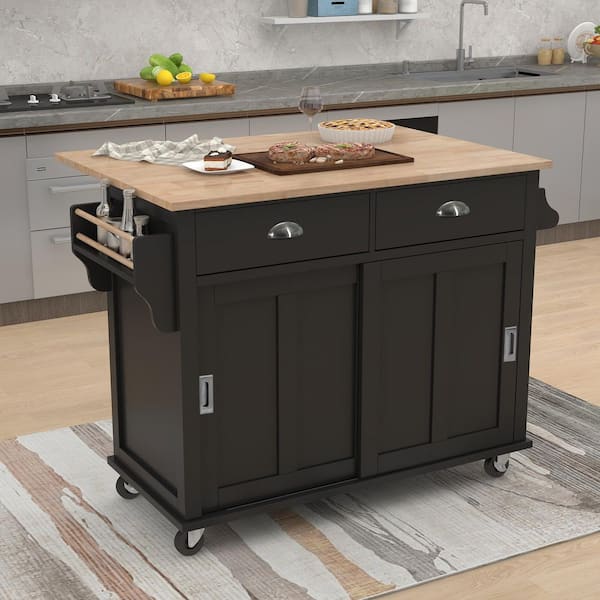 A Black Kitchen Cart with a Sliding Storage Cabinet ACM-4-B - The Home ...