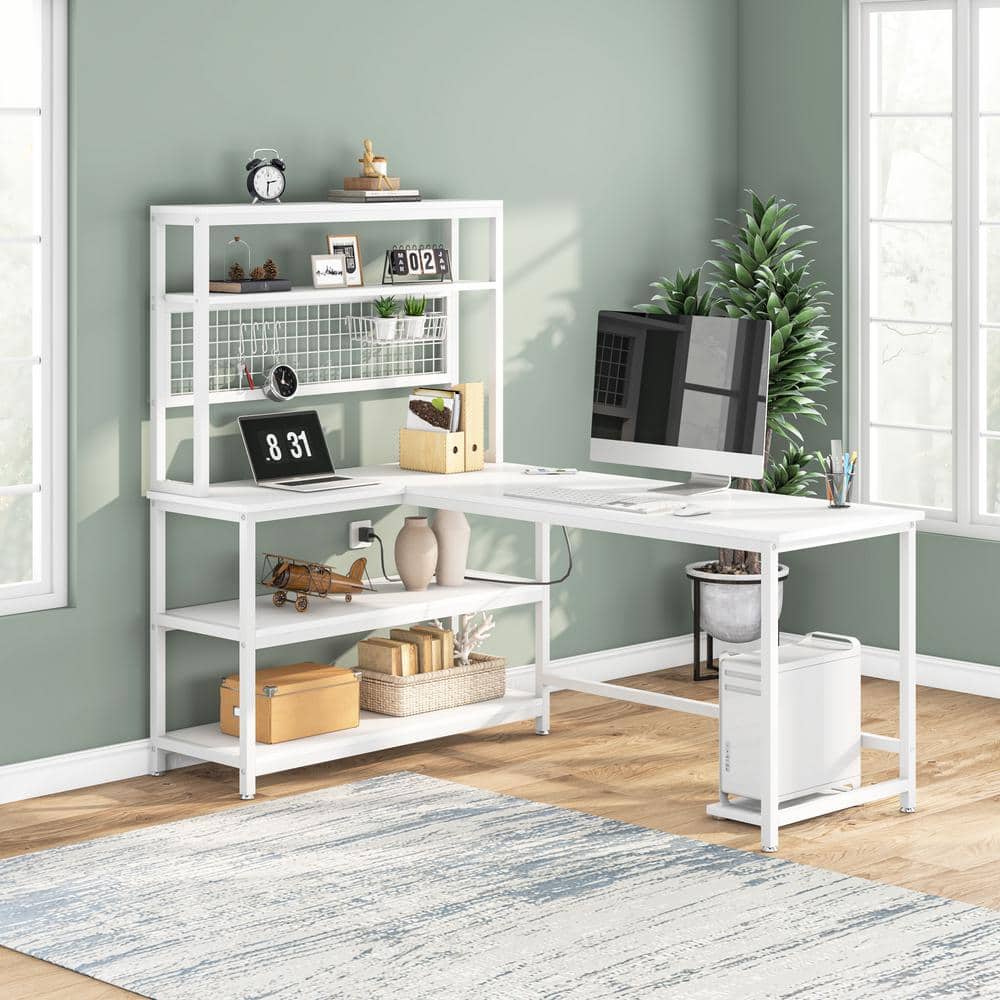 BYBLIGHT Lanita 55 in. L-Shaped White Wood Computer Desk with Wireless ...