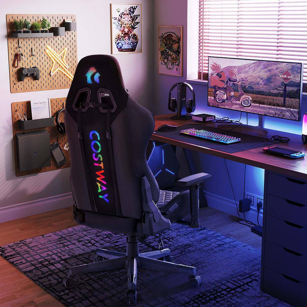 Costway Faux Leather Swivel Ergonomic Gaming Chair in Black with RGB ...