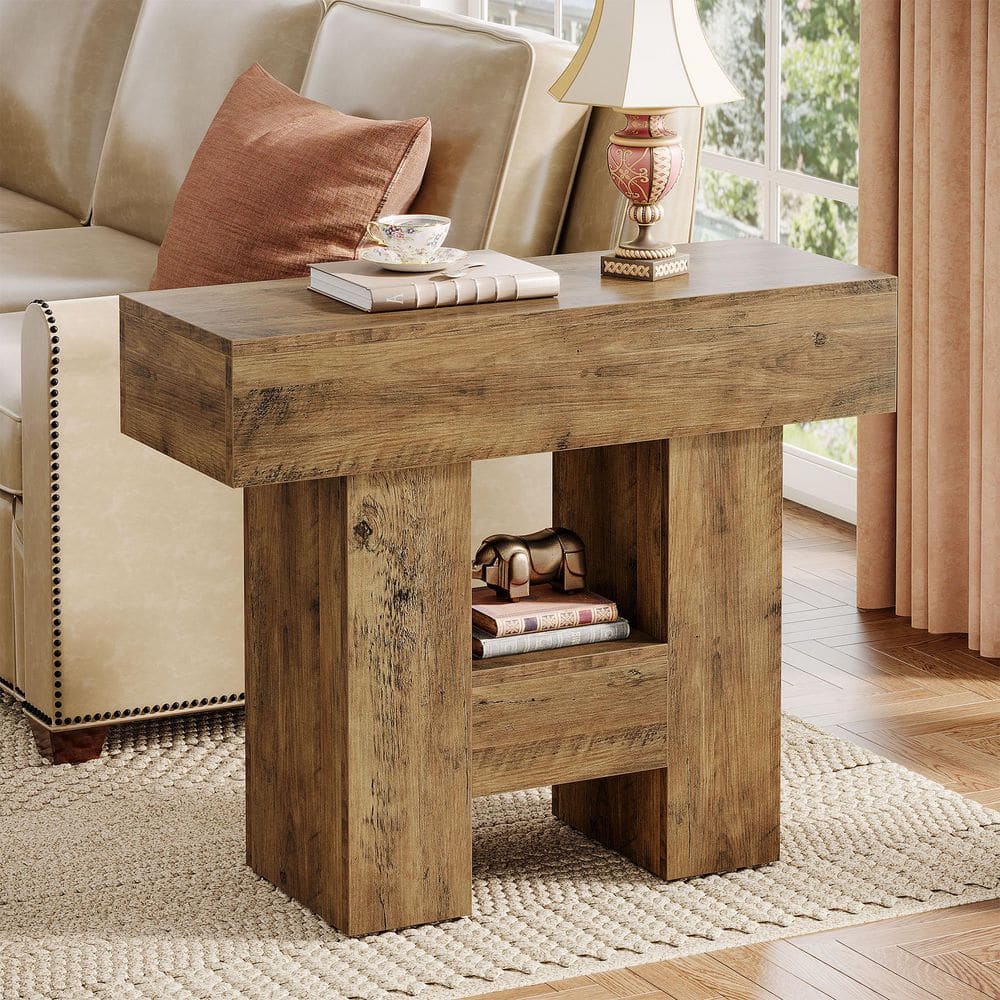 BYBLIGHT Kerlin 32 in. Brown Rectangle Wood End Table, Side Table with ...