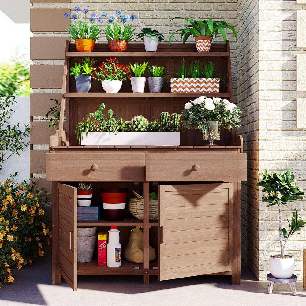 Zeus & Ruta 65 in. Brown Fir Wood Garden Potting Bench Table with ...