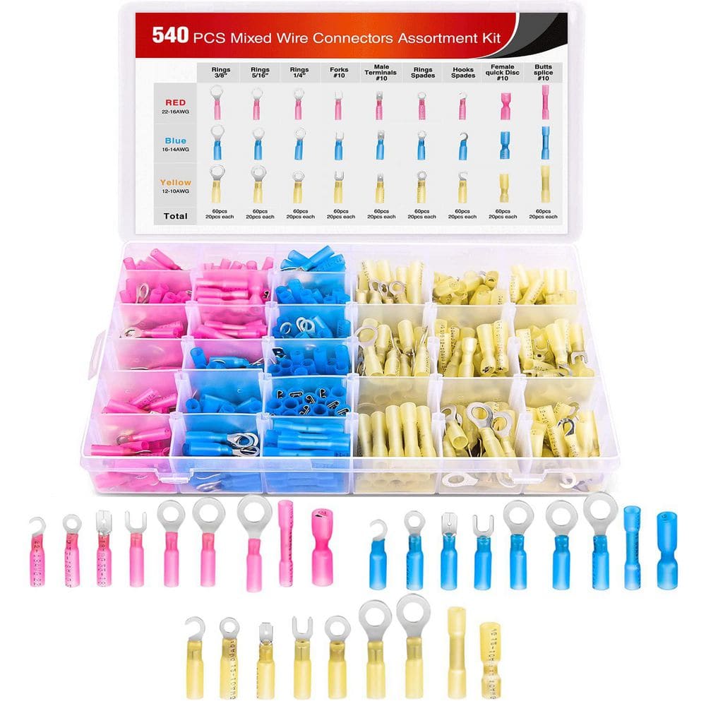 540-Pack Heat Shrink Wire Connectors Kit with Ring Fork Hook Spade Butt ...