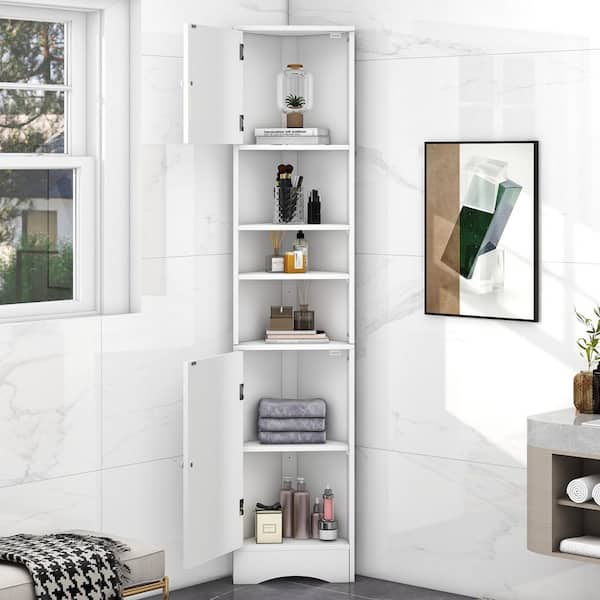 Noble House Seth White Wood 66.9 in. Bathroom Corner Storage Cabinet with 2 Doors and Adjustable ...