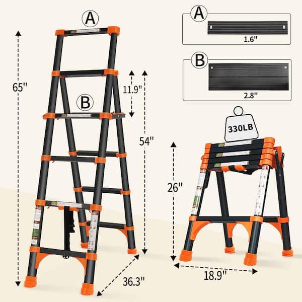 Angel Sar 54 in. 65 in. 330 lb. A Frame Aluminum Telescopic Ladder Adjustable Portable Extension Ladder for Home or RV Work RE57DX32 The Home Depot