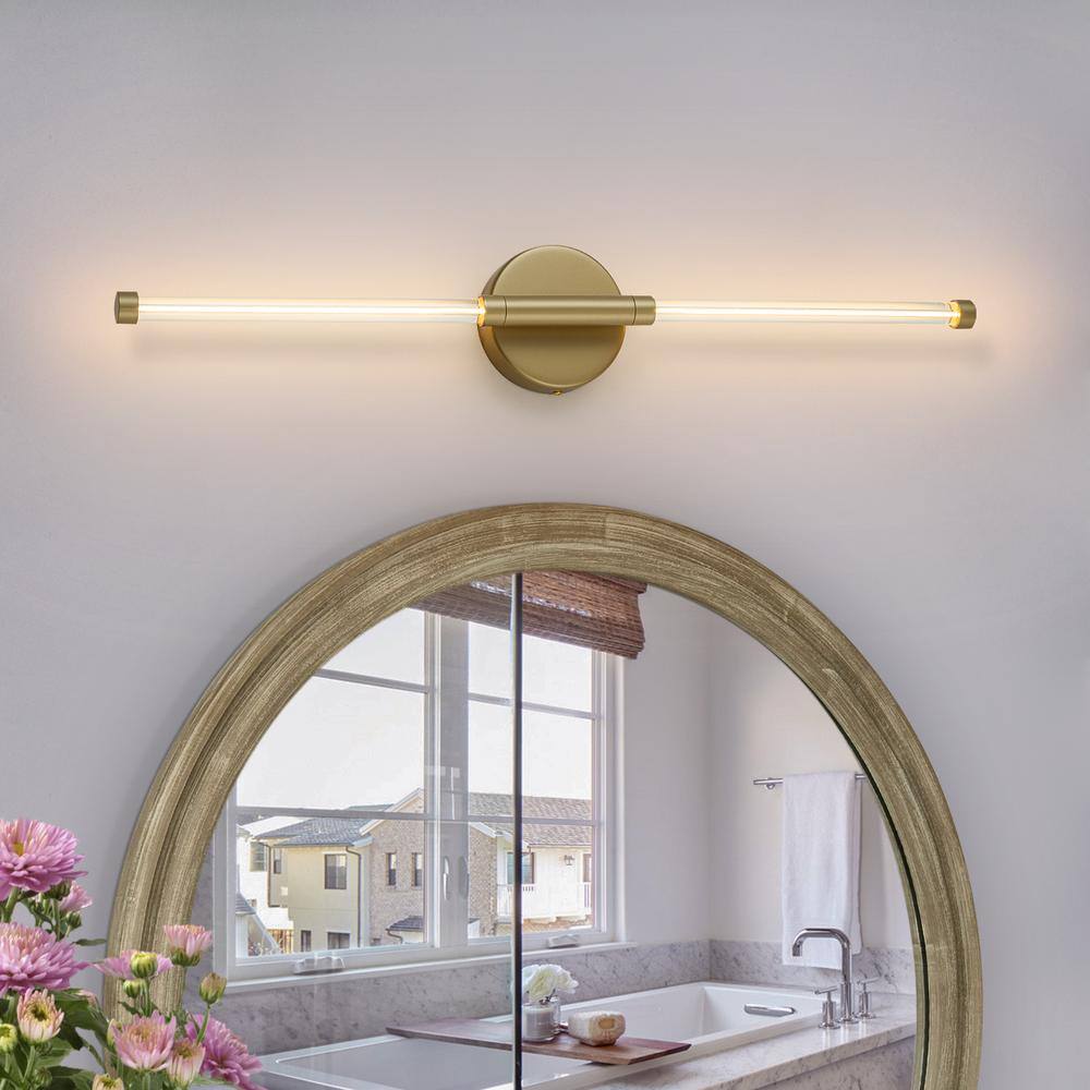 LLHZSY 28.3 in. 2-Light Modern Gold Linear Dimmable Integrated LED Bathroom Vanity Wall Sconce ...