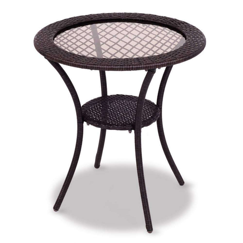 WELLFOR 26 in. Dia PE Rattan Outdoor Bistro Table with Tempered Glass ...