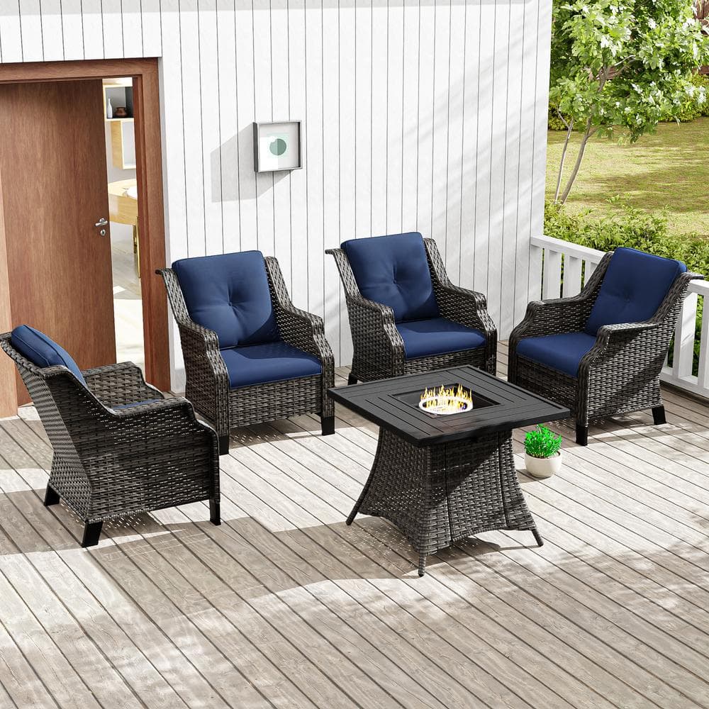 JOYSIDE 5-Piece Wicker Outdoor Fire Pit Patio Chair Set with Blue Cushions and Rectangular Fire ...