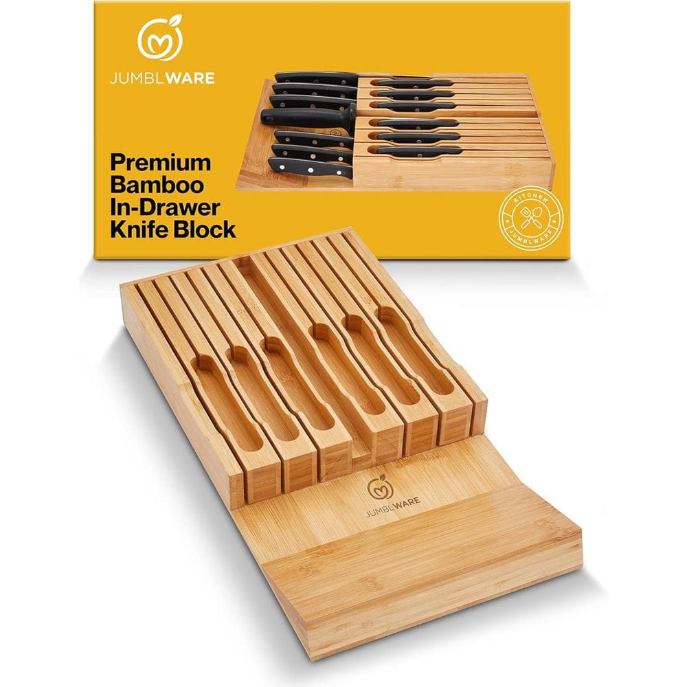Bamboo Knife Block, In-Drawer Knife Drawer Organizer Fits 16 Steak ...