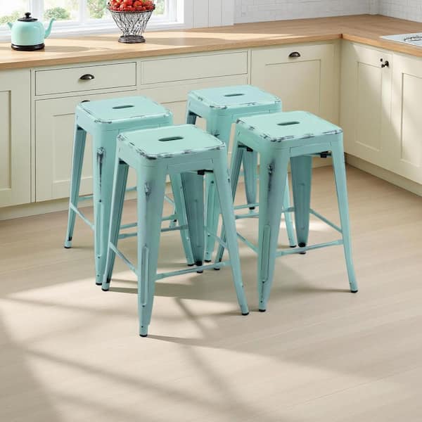 MFD LIVING Bar Stools 24in. H Distressed Mint Green Backless Metal Bar ...