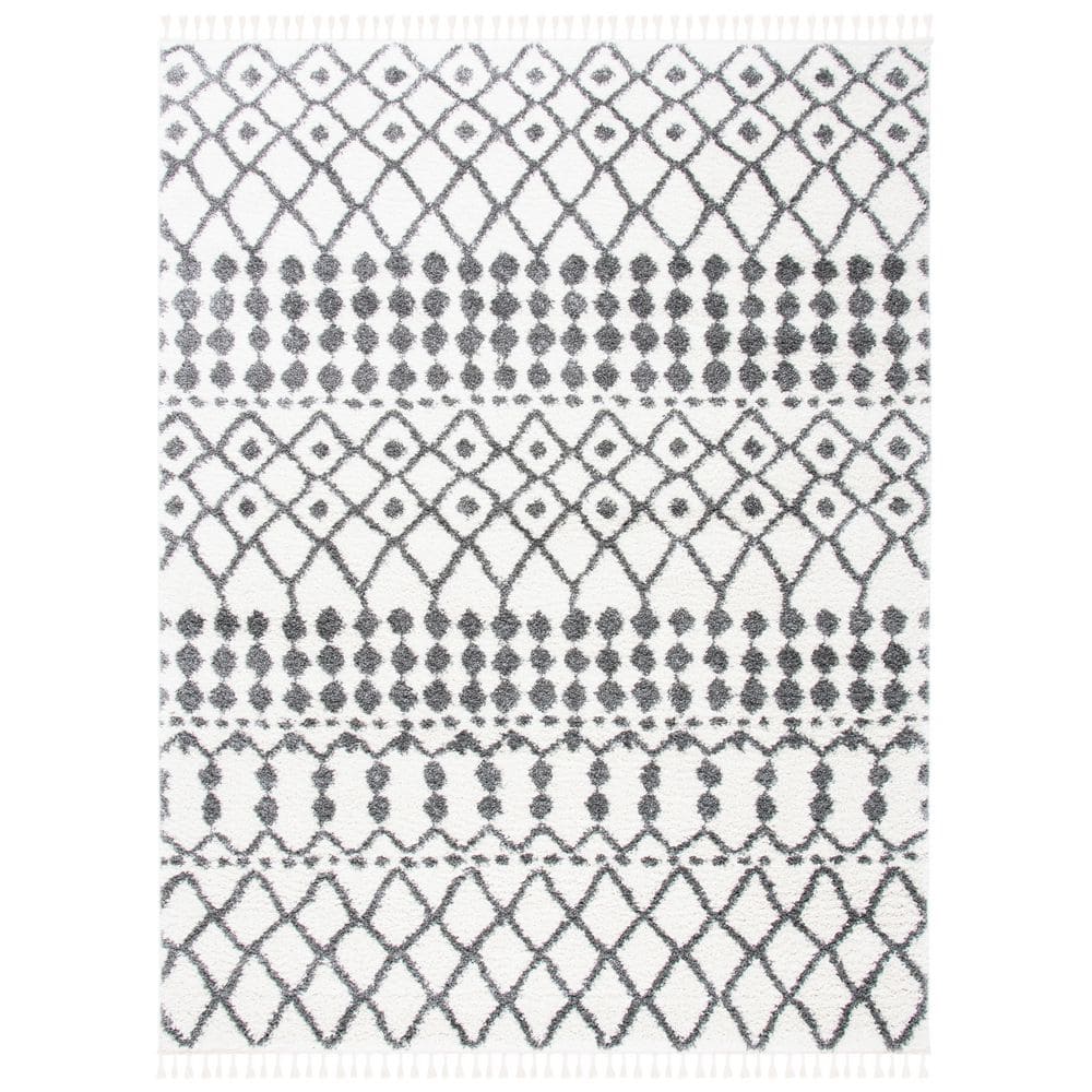 SAFAVIEH Berber Fringe Shag 8 ft. x 10 ft. Ivory/Dark Gray Geometric ...
