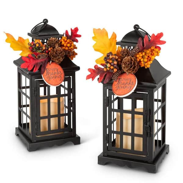Flameless LED Timer Metal Fall Leaves Berries Lantern Candle Holder 2 ...