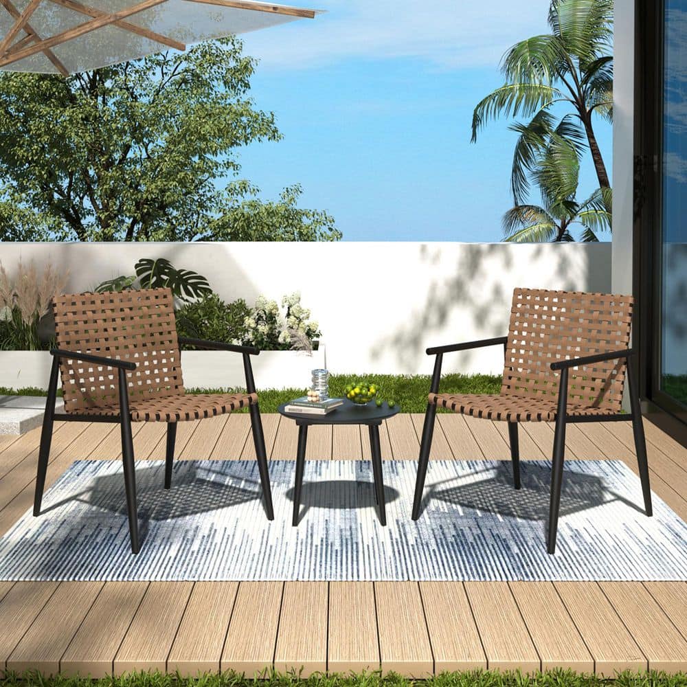 3 Piece Rattan& Metal Modern Patio Conversation Set: 2 PE Rattan Chairs ...