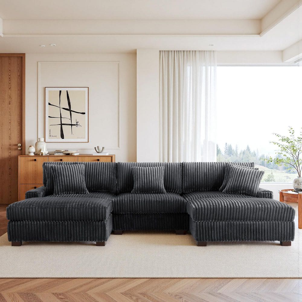 Uixe 118 in. W Modern Square Arm 5-Piece Faux Rabbit Fur Fabric U-Shaped Modular Sectional Sofa ...