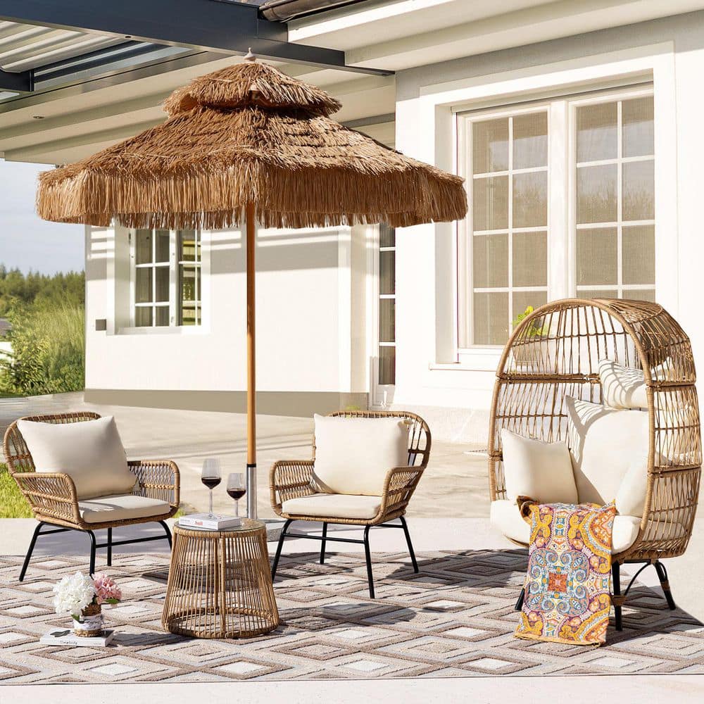 FINCATI 4-Piece Boho Furniture Outdoor Patio Beige Wicker Conversation ...